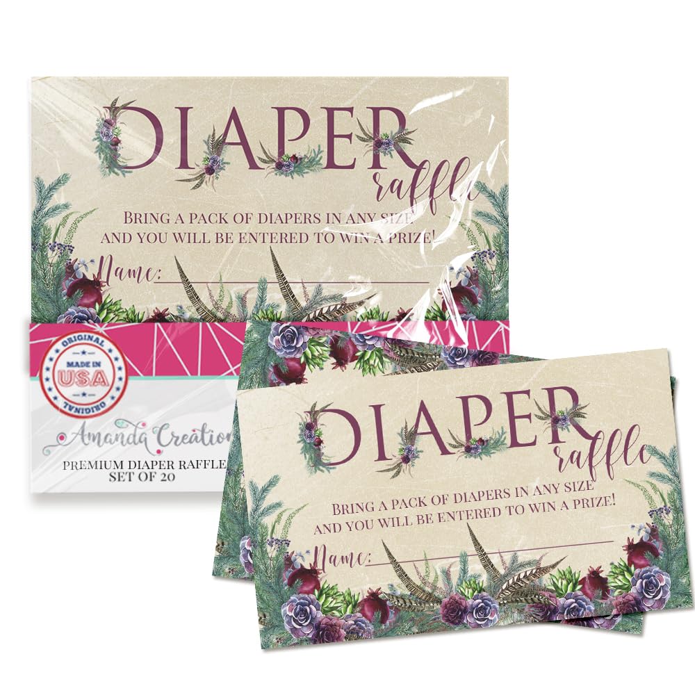 Amanda Creation Rustic Boho Watercolor Succulents, Pine, and Feathers Diaper Raffle Tickets for Baby Showers, 20 2" X 3β Double Sided Inserts, Bring a Pack of Diapers to Win Favors &