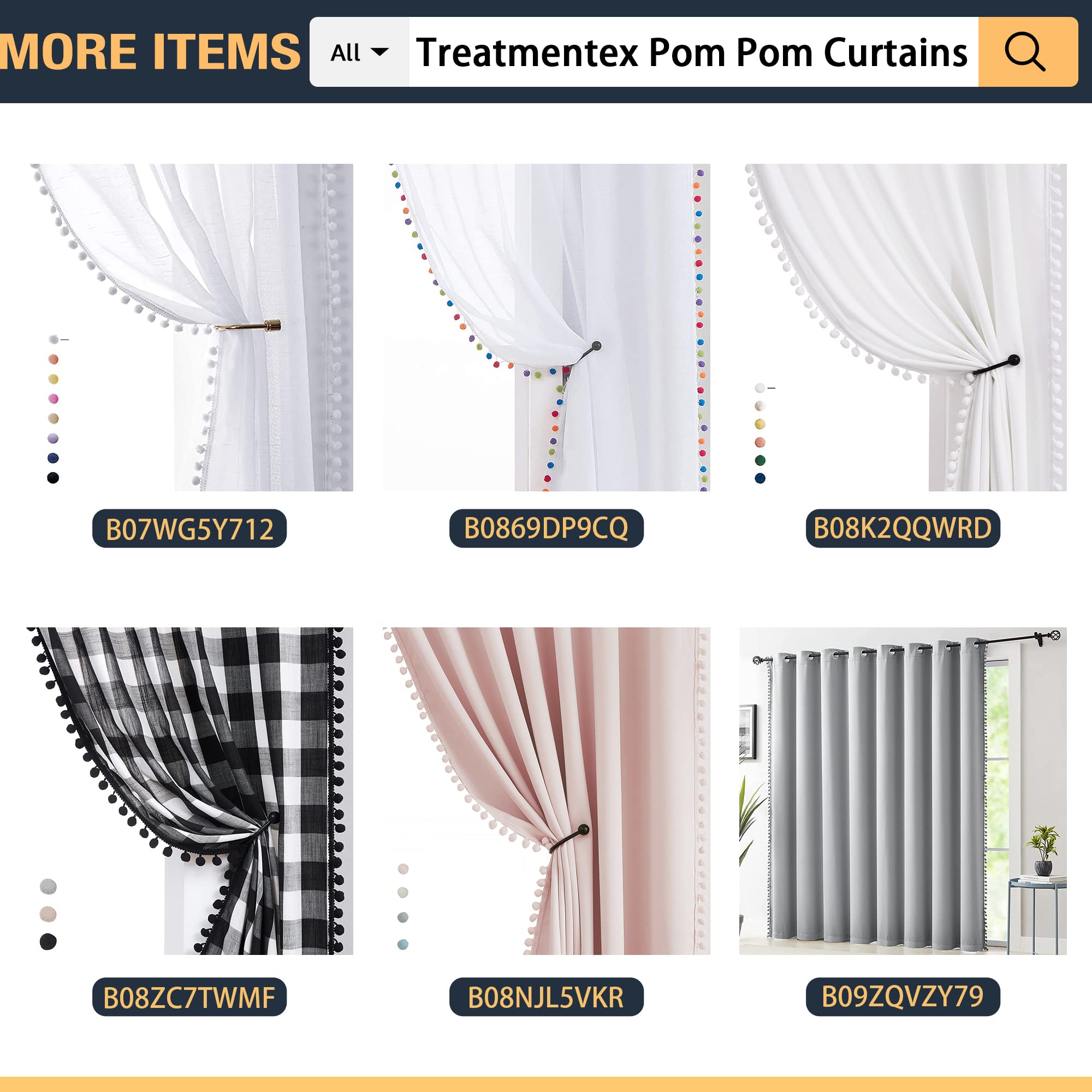 Treatmentex Grey Sheer Window Curtains for Living Room 95 inches Pom-Pom Canopy for Children Bedroom Rod Pocket 2Pack