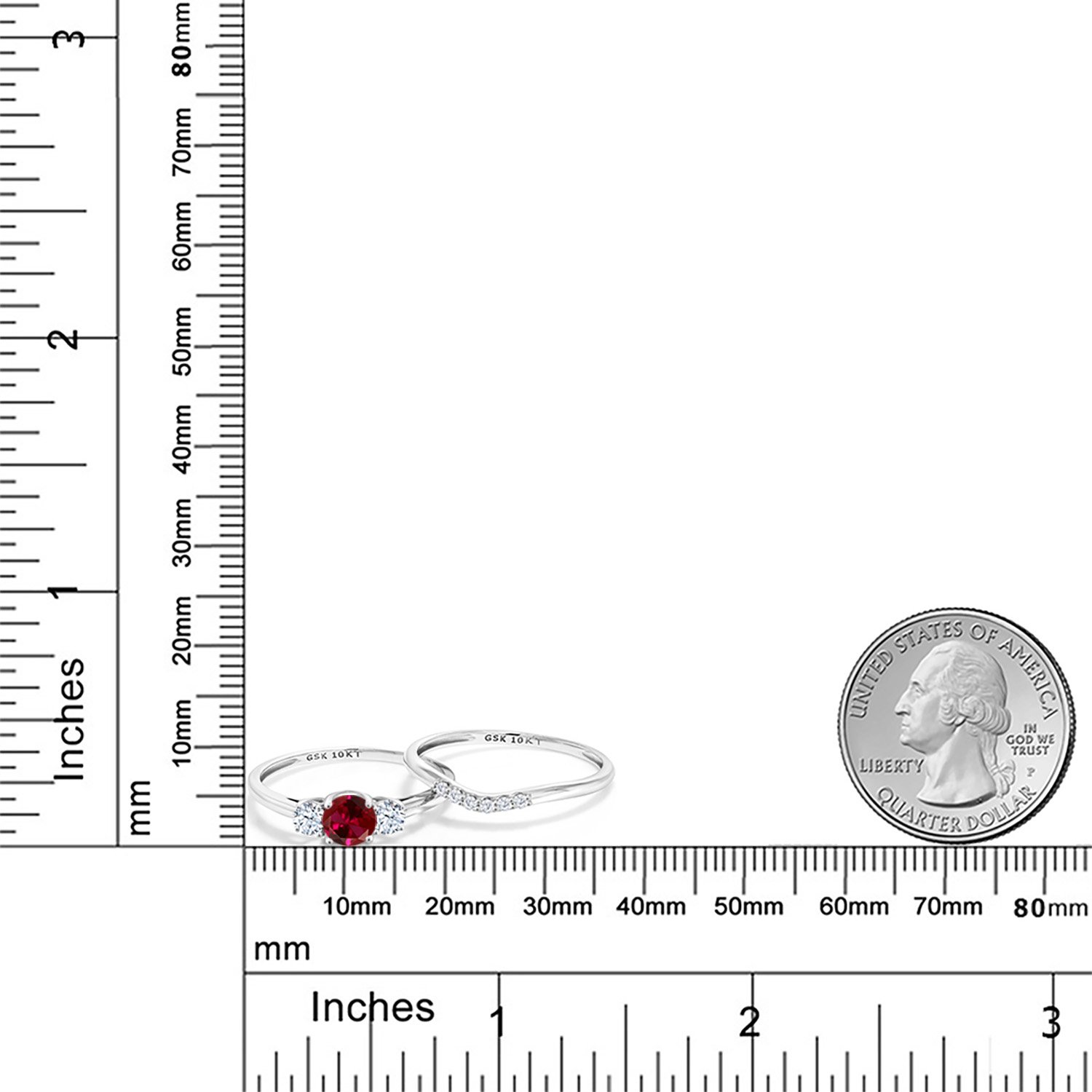 10K White Gold Red Created Ruby and White Created Sapphire and White Lab Grown Diamond 3-Stone Bridal Engagement Wedding Ring Set For Women (0.93 Cttw, Gemstone July Birthstone, Round 5MM, Size 6)