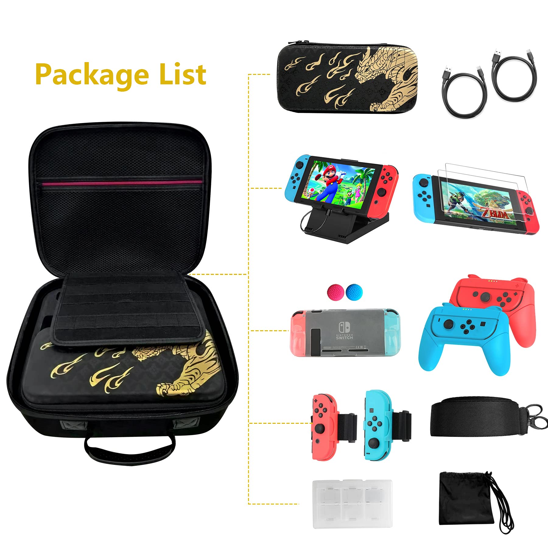 17 in 1 Switch Carrying Case Accessories Bundle Kit: Monster Hunter Rise Carry Case, Joycon Grip, Wristband, TPU Protective Cover, Playstand, Screen Protector, Ring-con Storage Bag, Game Card Box Etc.