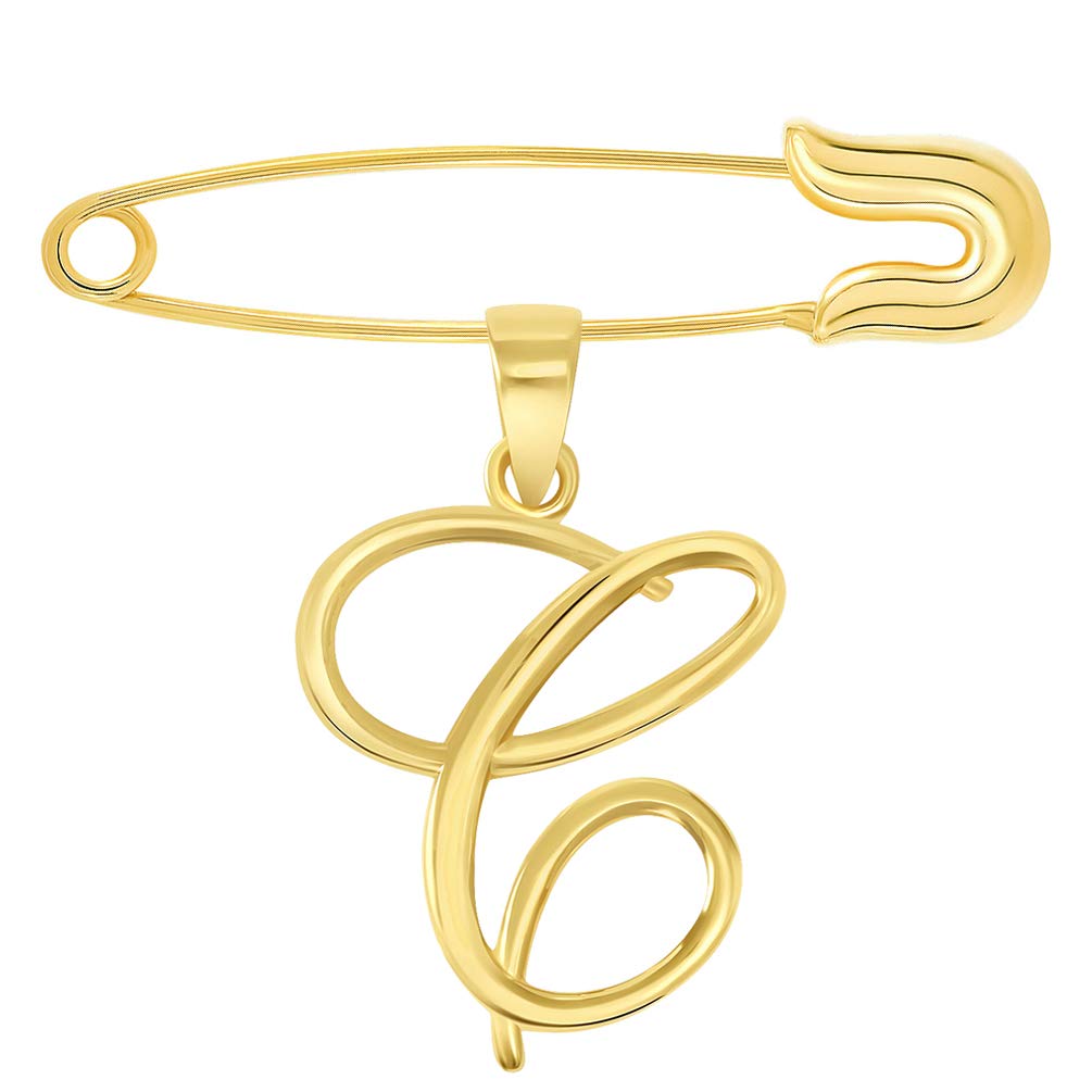 14k Yellow Gold Elegant Script Letter C Cursive Initial Charm with Safety Pin Brooch