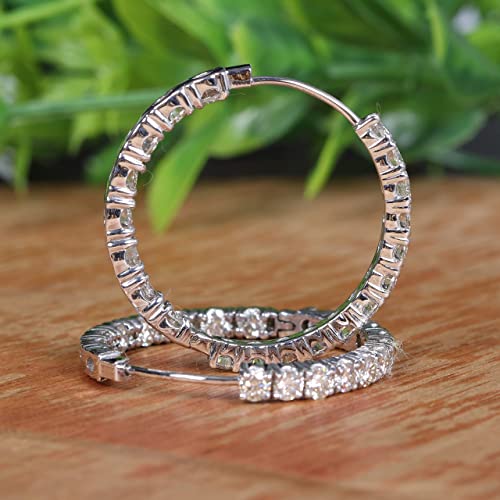14k White Gold Post Round Brilliant Cut Moissanite Inside-Outside Hoop Earrings In Sterling Silver (1.2 Inch)