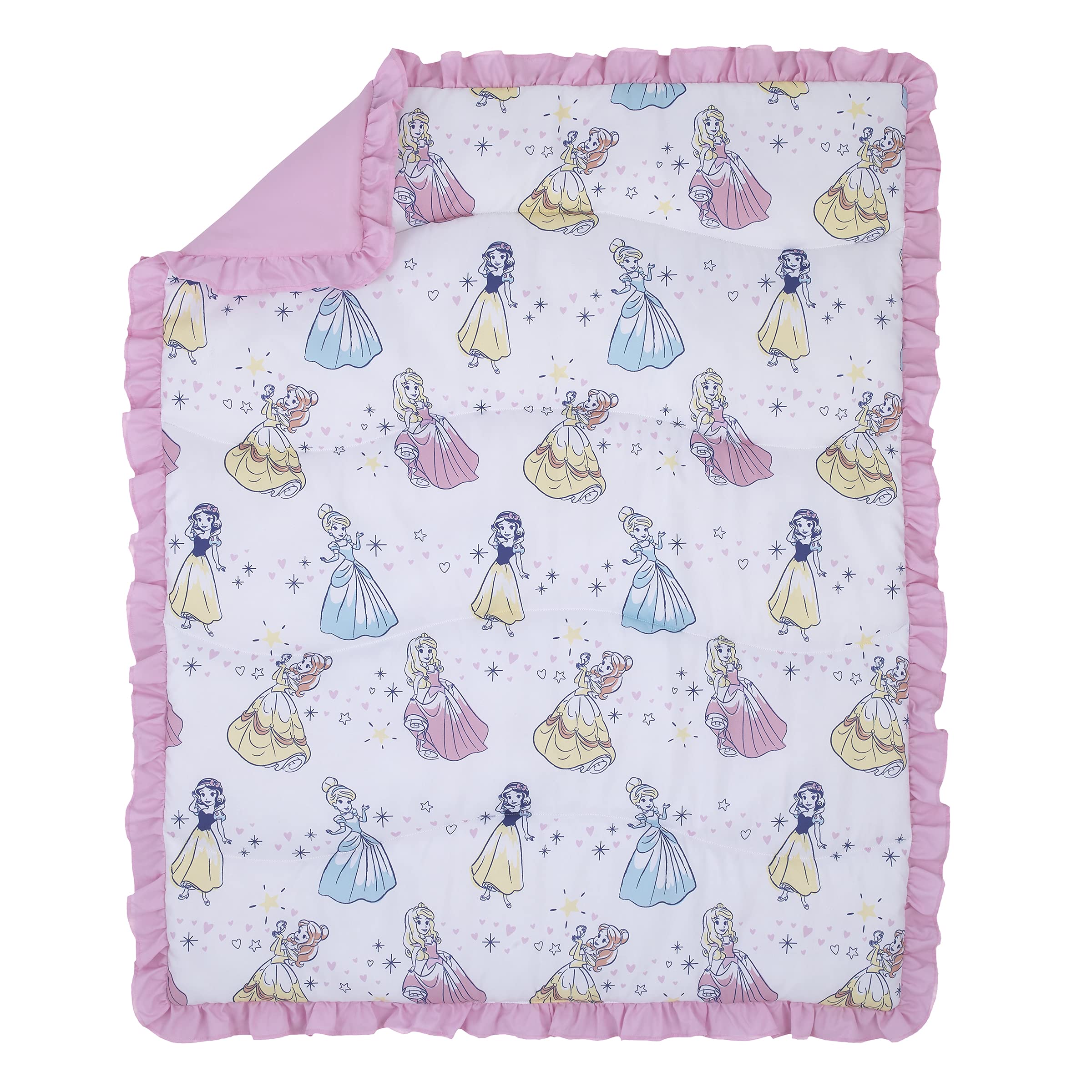 Disney Little Princess Pink, Blue, Yellow and White Stars and Hearts Cinderella, Snow White, Belle and Aurora 6 Piece Nursery Crib Bedding Set