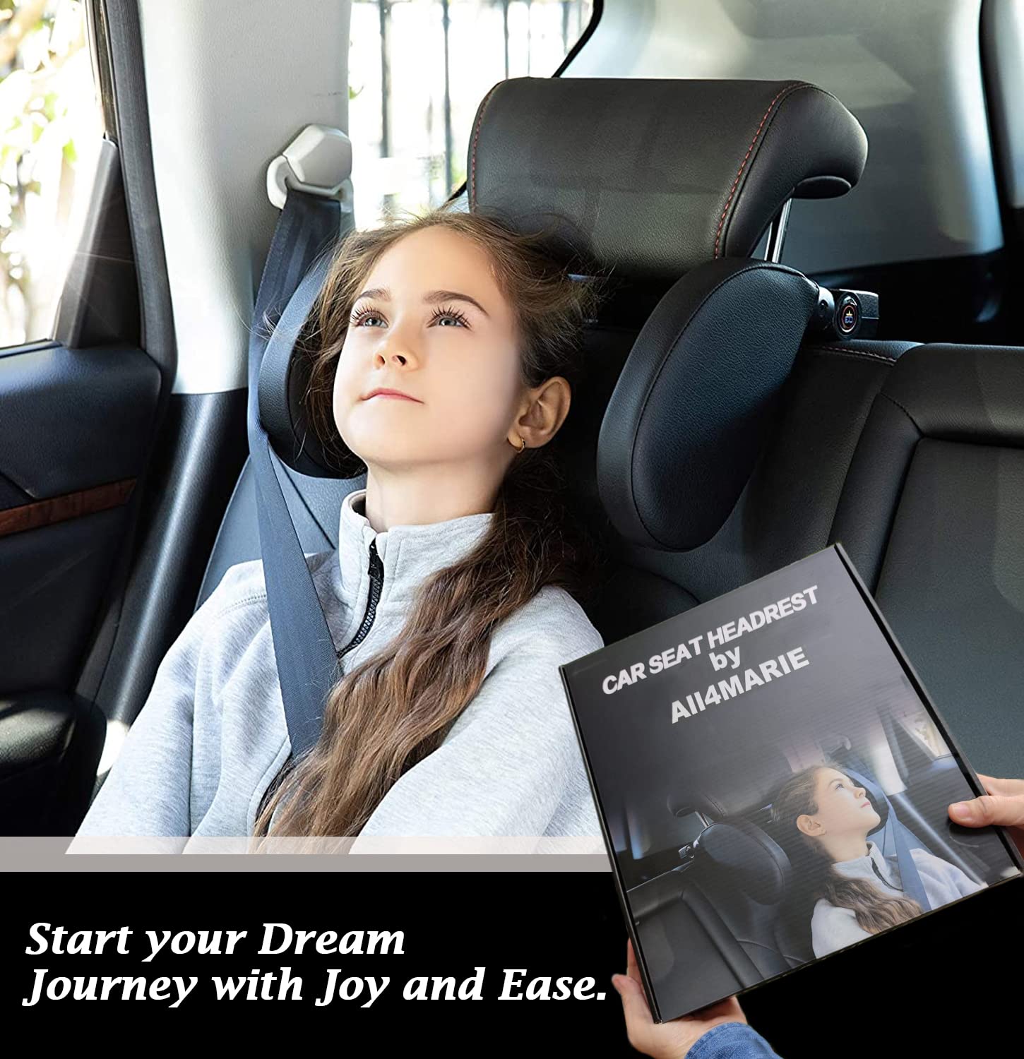 ALL4MARIE Car Seat Headrest Support - 360 Degree Adjustable, Memory Foam Car Headrest with Head, Neck, Shoulder Support for Kids and Adults, (Black)