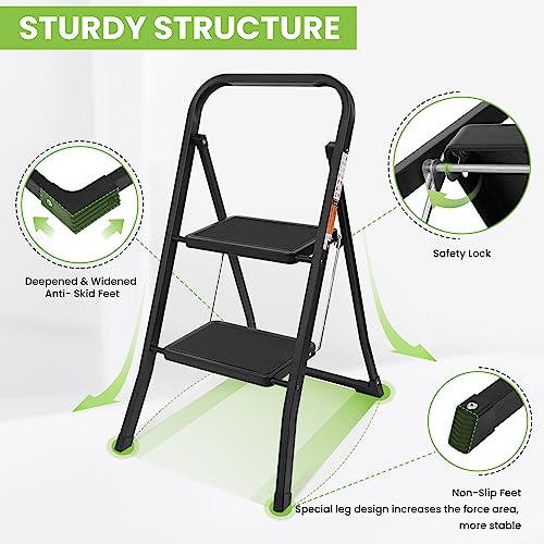 2 Step Ladder, SPIEEK Folding Step Stool with Wide Anti-Slip Pedal, 330lbs Capacity Portable Lightweight Ladders for Home Kitchen Outdoor, Black