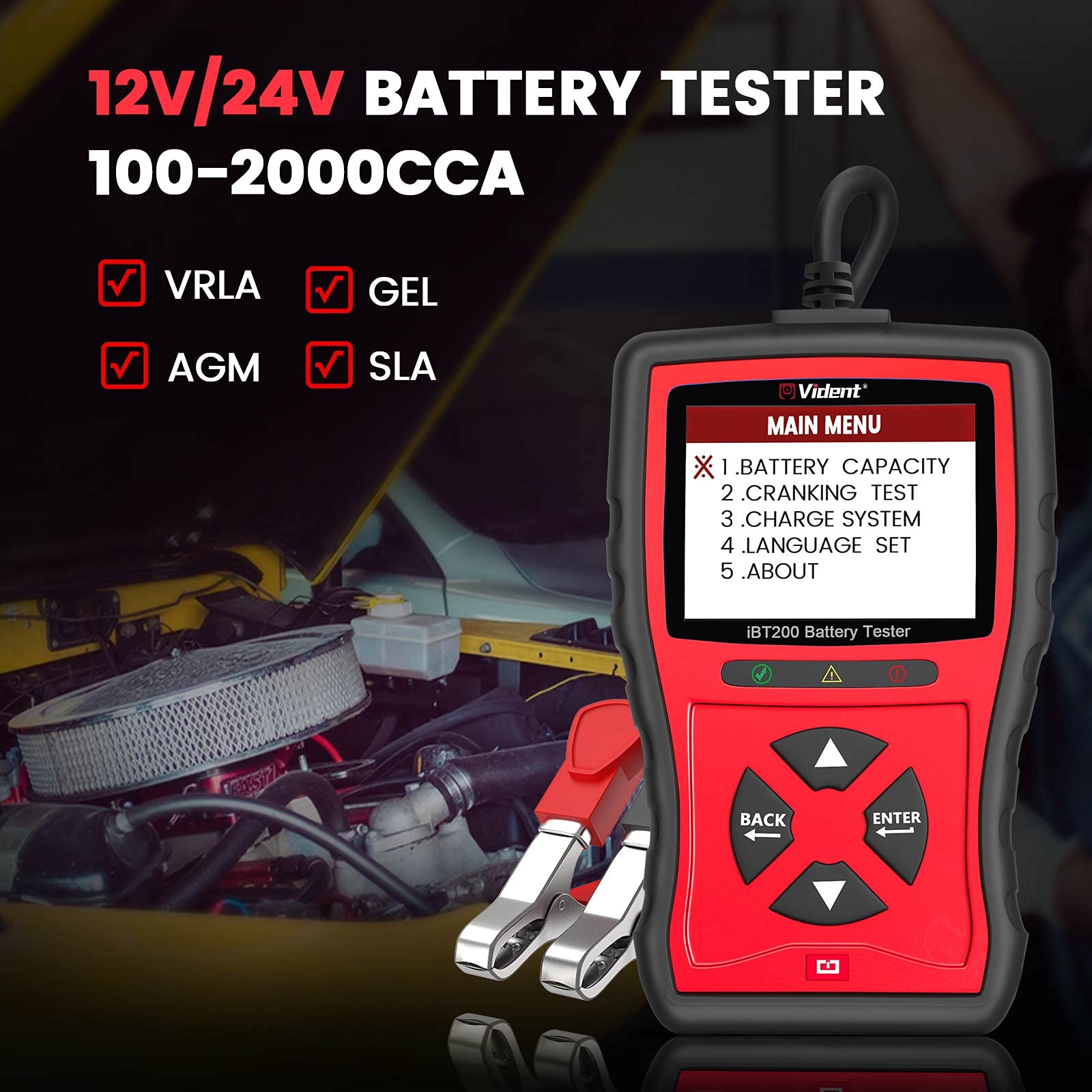 12V Car Battery Tester, 24V Battery Load Tester, Vident iBT200 100-2000CCA Cranking and Charging System Tester for Car Truck Motorcycle ATV SUV Boat