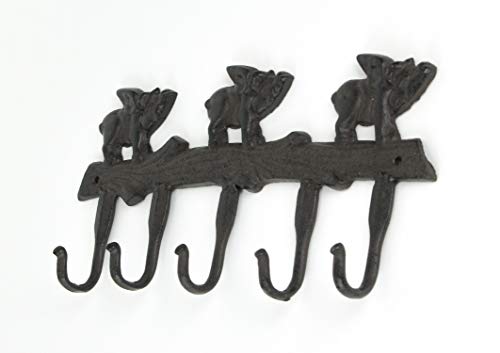 De Leon Collection Rustic Brown Cast Iron Flying Pigs 5 Hook Wall Hanger Coat Rack Country Farmhouse Decor 13.75 Inches Long