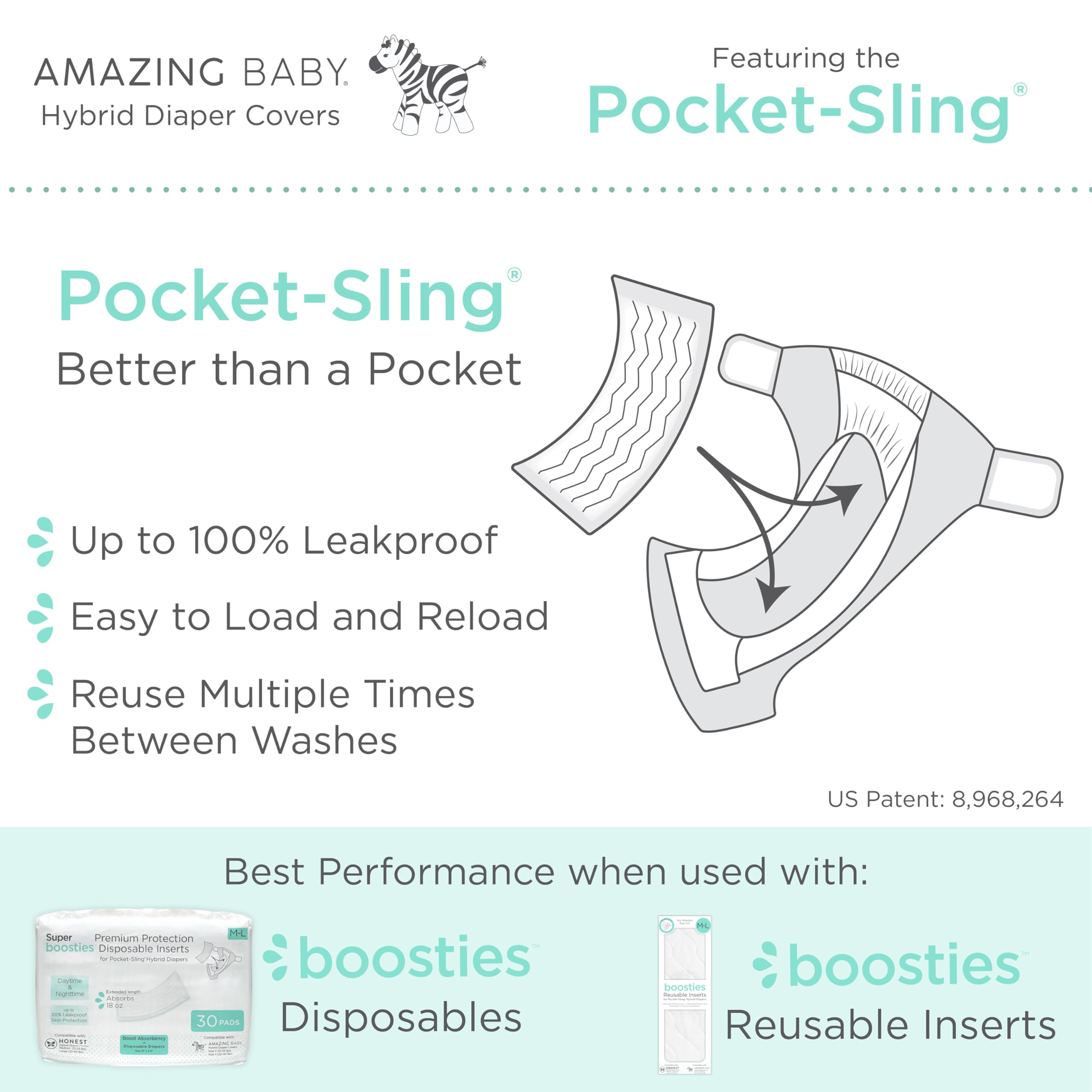 Amazing Baby Hybrid Cloth Diaper Cover with Pocket-Sling, Small, Sz 2 (8-15 lbs), Use with Boosties Inserts, Denim Mini Chevron, SmartNappy Set includes Muslin Cover + Tri-fold Insert + Booster Pad