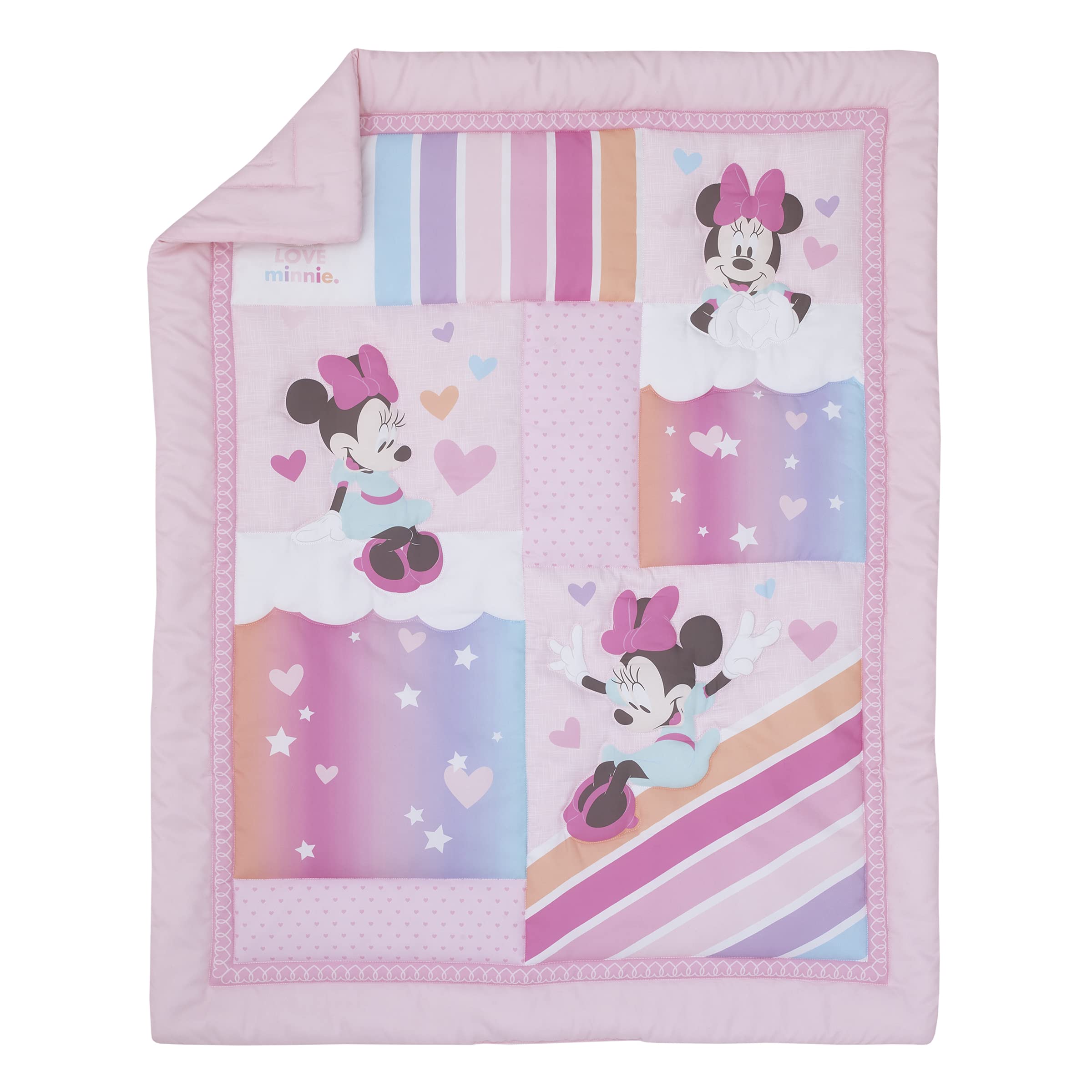 Disney Minnie Mouse Be Happy Pink, Lavender, Aqua and Orange 3 Piece Crib Bedding Set - Comforter, Fitted Crib Sheet and Bed Skirt