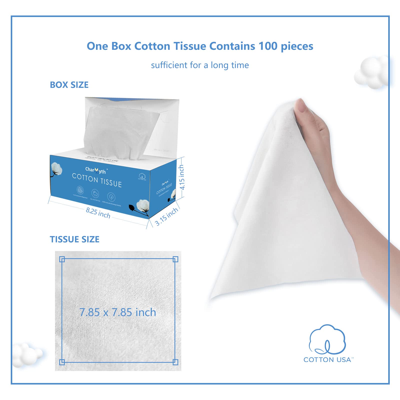 Charmyth Extra Thick Disposable Face Towel, Disposable Makeup Removing Wipes, 100% USA Cotton and 100% Organic & Cruelty Free, Lint-Free Cotton Tissues for Sensitive Skin 1 Count (Pack of 100)