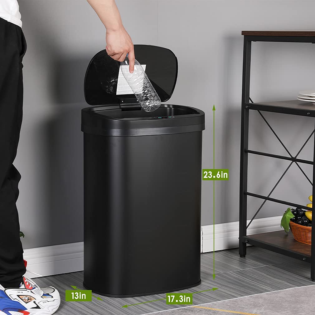 Automatic Touchless Trash Can Touch Free Kitchen Trash Bin Stainless Steel Garbage Can with Lid Soft Close Waste Bin for Kitchen Living Room Office Bathroom, 13 Gallon 50L, Black