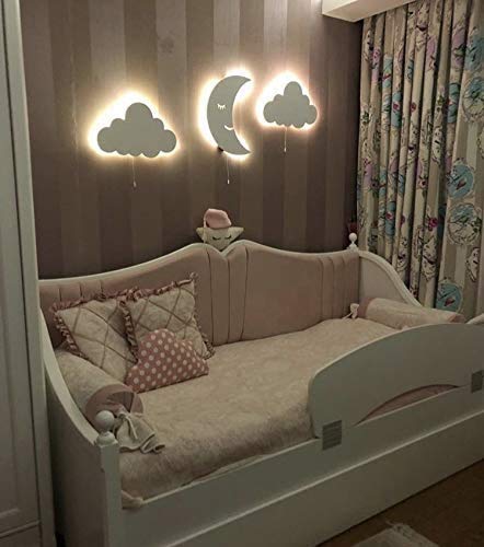 2X Cloud+1 Moon Wall Light, + Silver Star Stickers, Nursery Room Decor Wall Light Set of 3 Wooden Wall Light with LED, 100pcs Silver Star Wall Decals Gift!