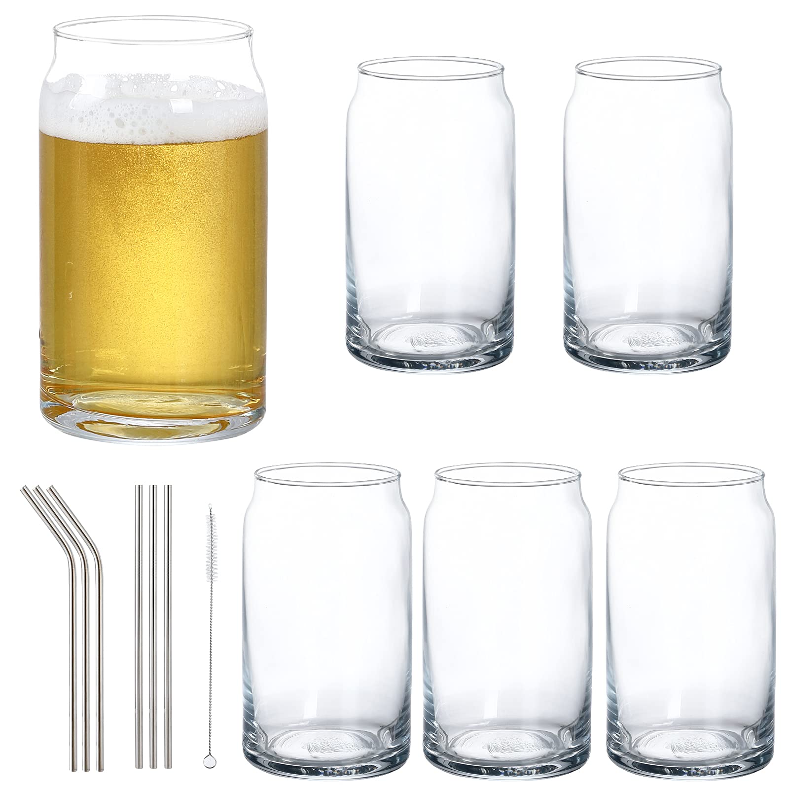 16 oz Beer Glasses, 6 Pack Beer Can Glass Pint Drinking Glass Cups With Straws, Suitable for juice, beer, soda, iced drinks and cocktails