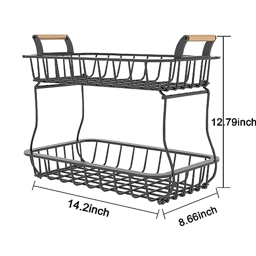 2 Tier Fruit Storage Basket Countertop for Kitchen, Bread Vegetable Farmhouse Fruit Basket Bowl Stand Detachable Metal Wire Basket with Wooden Handle for Kitchen, Reception, Dining Table(Black)