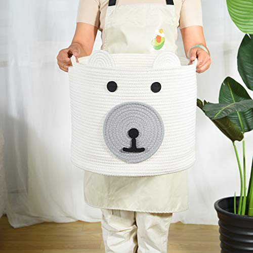 InfiBay Cotton Rope Storage Basket with Cute Bear Design, Woven Laundry Basket with Handles, Baby Nursery Organizer for Toys, Blanket, Clothes, Towels, 12β(D) x 11β(H)