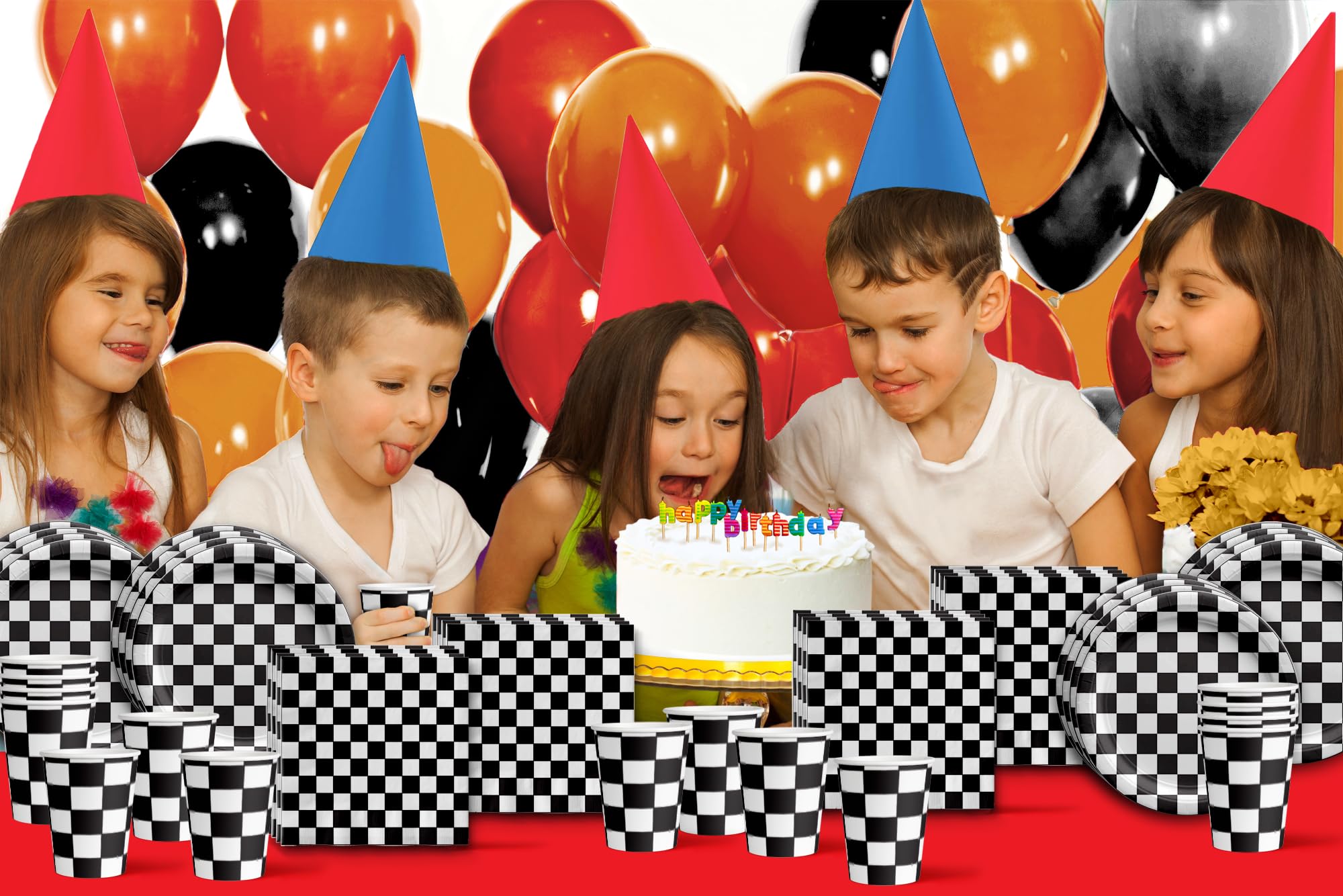 Checkered Flag Party Supplies - Black and White Checkered Party Supplies - Race Car Theme Party | Tableware Set Includes Plates Napkins and Cups | Kit for 16