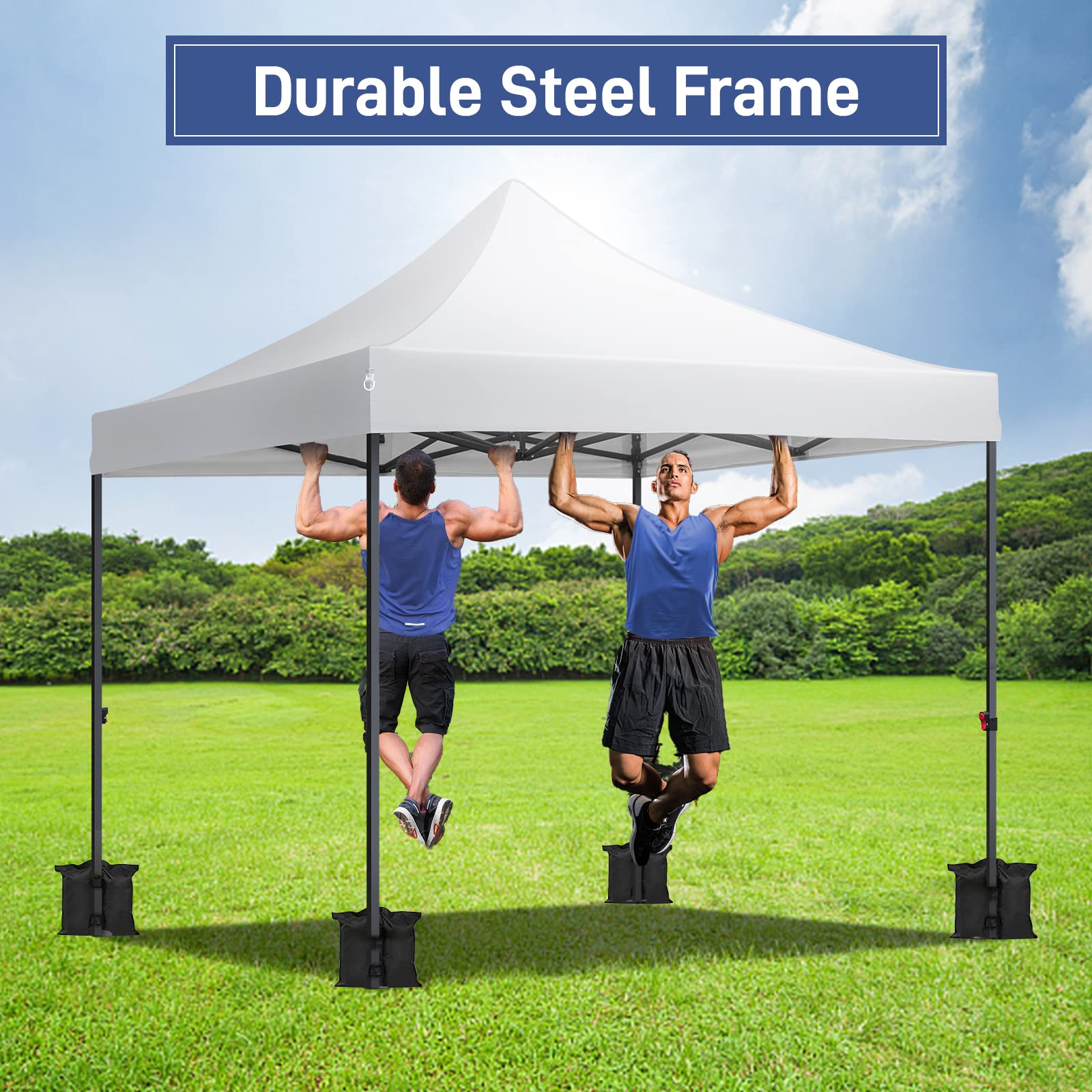 10x10 FT Pop Up Canopy Tent, Commercial Instant Heavy Duty Canopy, 500D Waterproof Adjustable Canopy with Wheeled Carry Bag, 4 Sandbags & 4 Stakes (White)