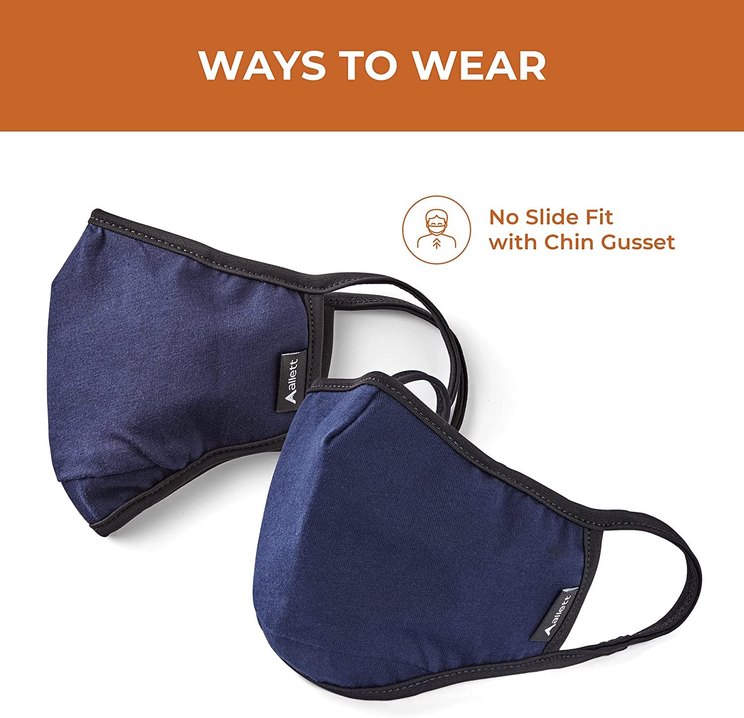 Allett Face Mask, Navy Blue | 2 Pack | Made of Cotton, Built in Polypropylene Filter | Soft Earloops, Washable, Reusable | With Nose Wire & Chin Gusset | For Adults