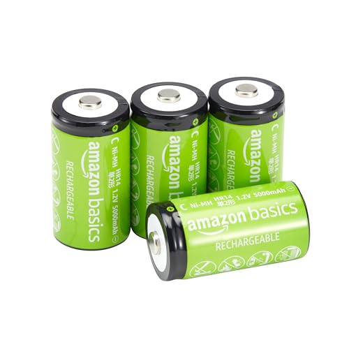 Amazon Basics 4-Pack Rechargeable C Cell NiMH Batteries, 5000 mAh, Recharge up to 1000x Times, Pre-Charged