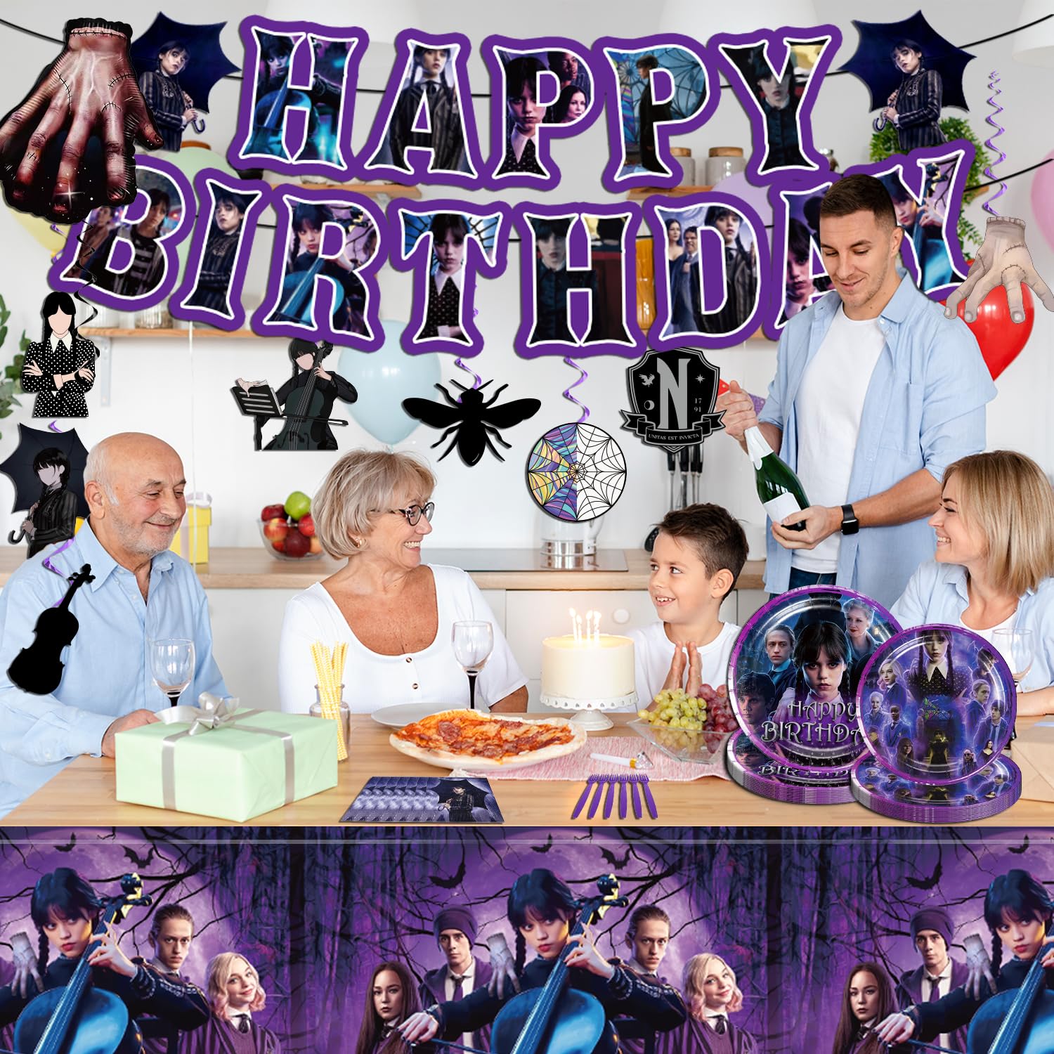 111pcs Happy Birthday Decorations Tableware Pack, includes Birthday Banner, Hanging Swirls, Foil Balloon, Plates, Napkins, Fork, Tablecloth, Happy Birthday Party Supplies