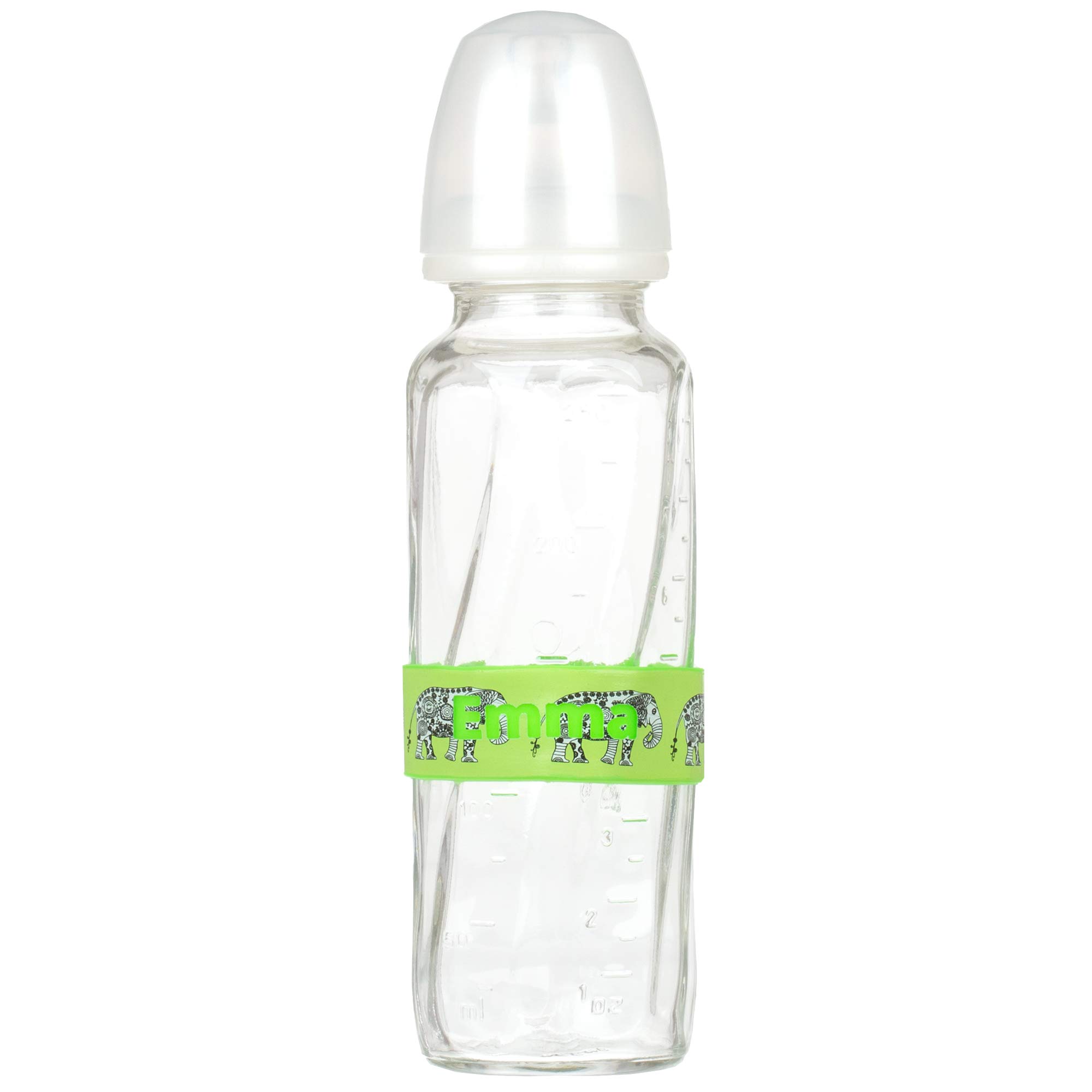 Custom Bottle Labels - 3 Pack - Silicone Bands for Baby Bottles, Kids Tumblers, Water Flasks - Personalized Pre-Printed Name, Waterproof School and Daycare Drink Identifiers - Green Elephants