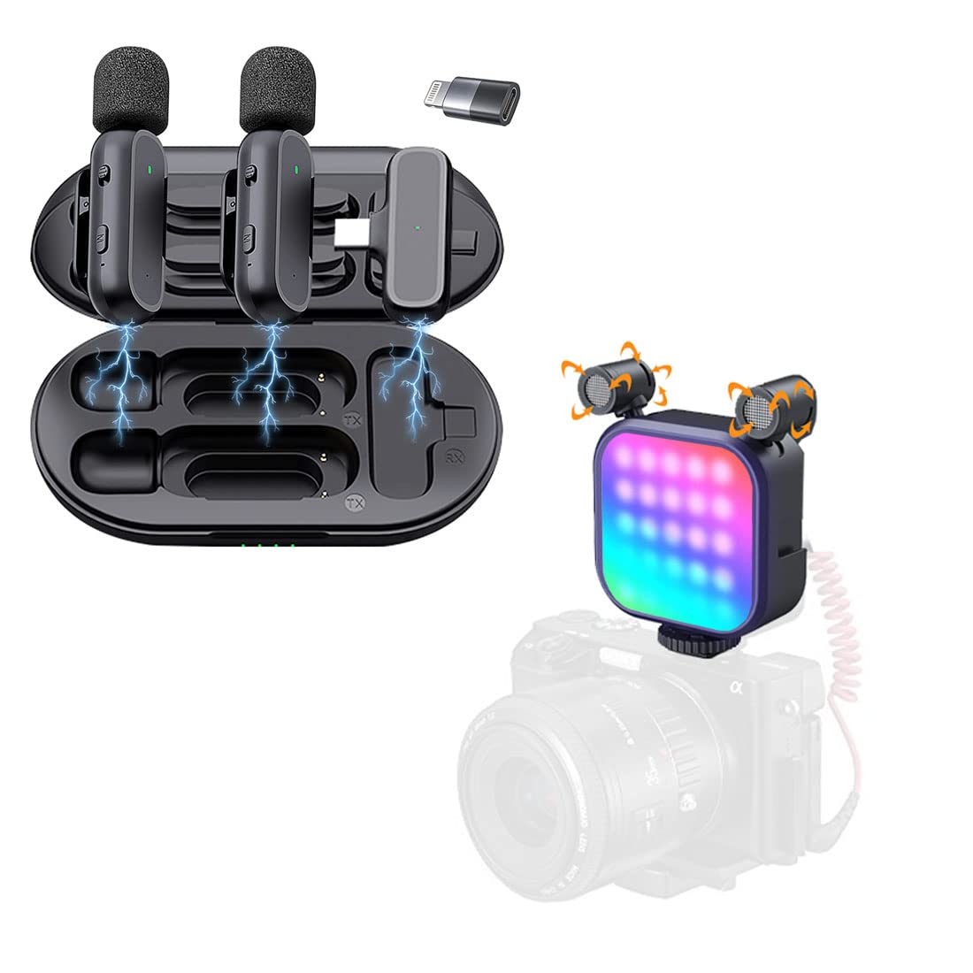 2 Pack Professional Wireless Lavalier Microphone for Android, iPhone iPad RGB Video Lights, LED Camera Light with Dual Stereo Microphone 360° Full Color Portable Photography Lighting