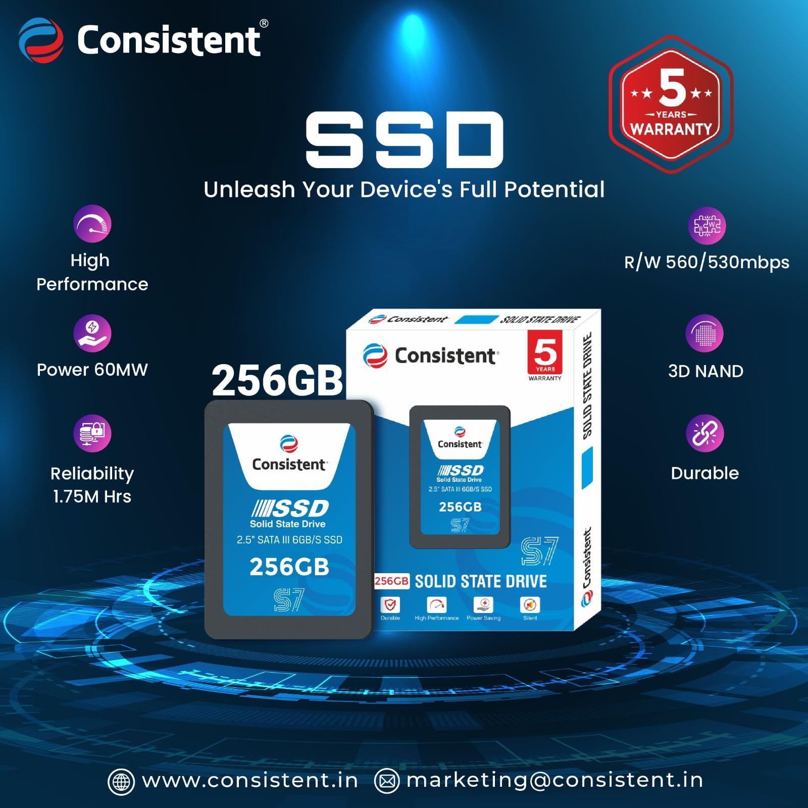 Consistent 2.5" 256GB SSD (CTSSD256S6) with SATA III Interface, 6Gb/s Read/Write Speed Upto - 552/500 MB/s,