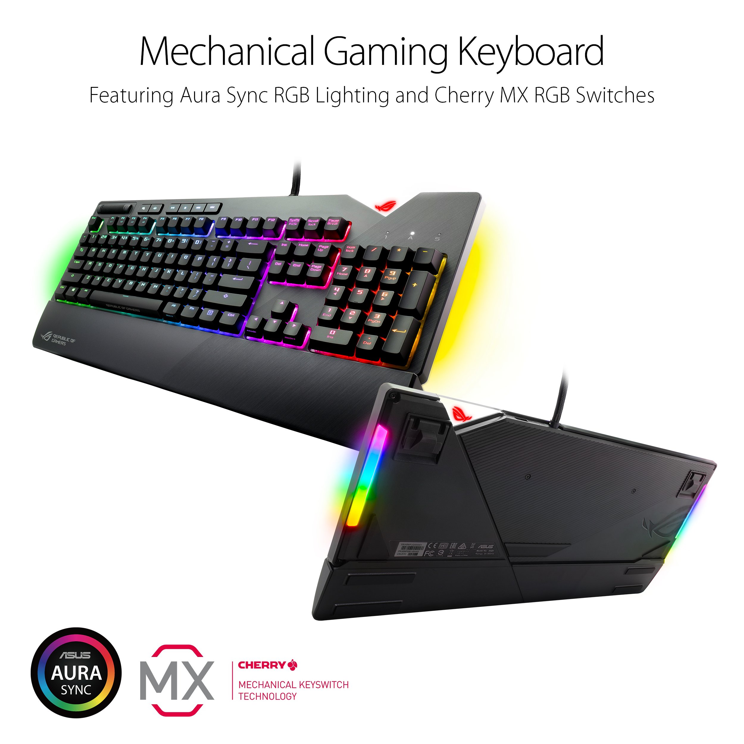 Asus ROG Strix Flare (CMB) Aura Sync RGB Mechanical Gaming Keyboard with (Cherry MX Blue) Switches, Customizable Badge, USB Pass Through and Media Controls (Renewed)