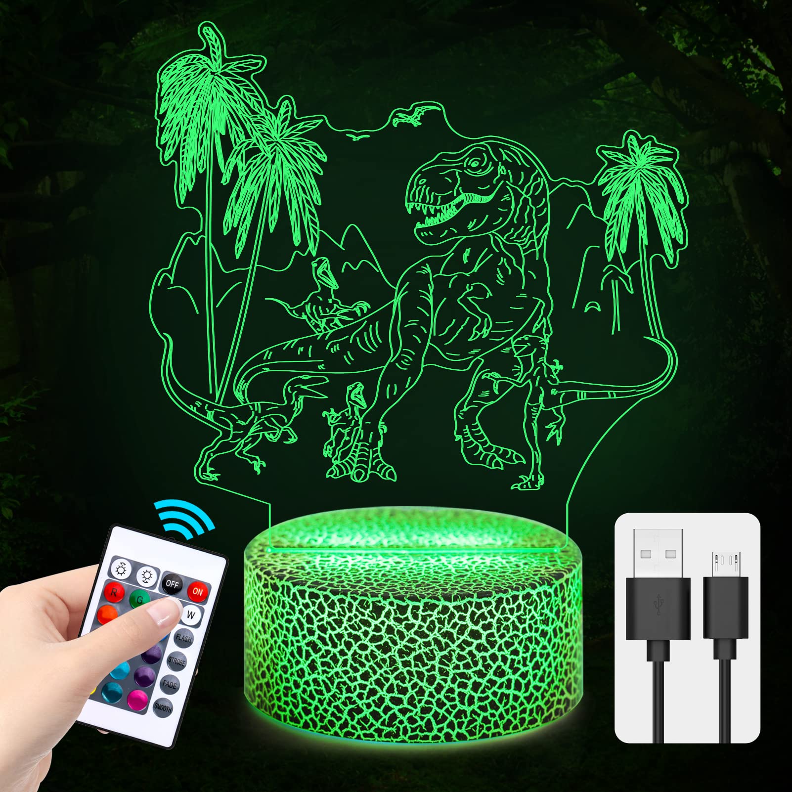 3D Dinosaur Night Light for Boys-Dinosaur Lamps for Boys Room,Nightlights for Kids Room,Dinosaur Decor Led Light With 16 Color Changing,Remote Control and Smart Touch,Dinosaur toys for kids 5-7
