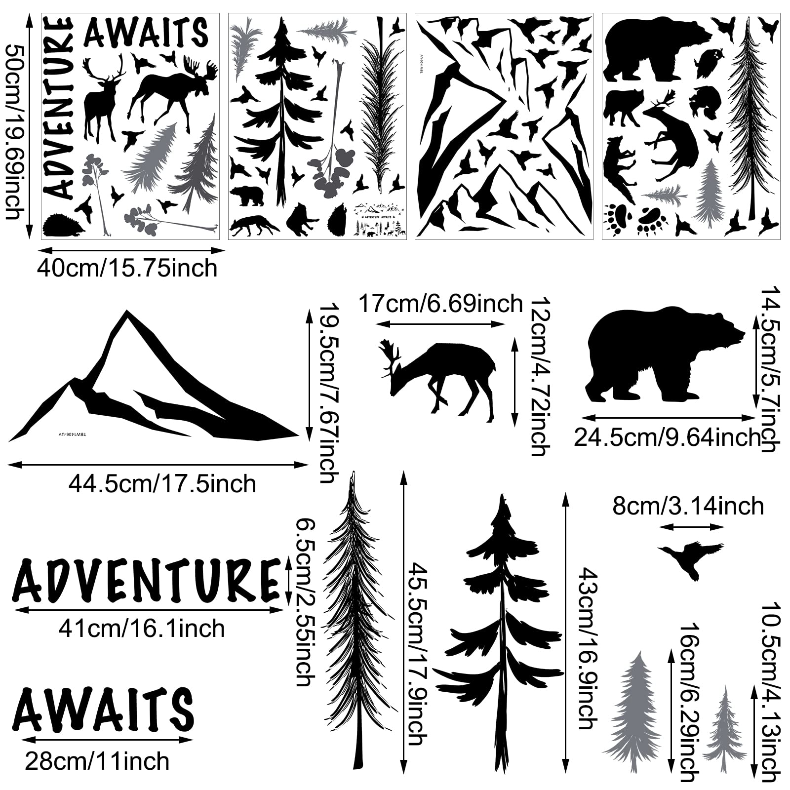 4 Sheets Mountain Wall Decal Rustic Nursery Wall Decals Dreamy Forest with Pine Tree Deer Peel and Stick Inspirational Quote Wall Stickers DIY Wall Decals for Kids' Room (Black,19.69 x 15.75 Inches)