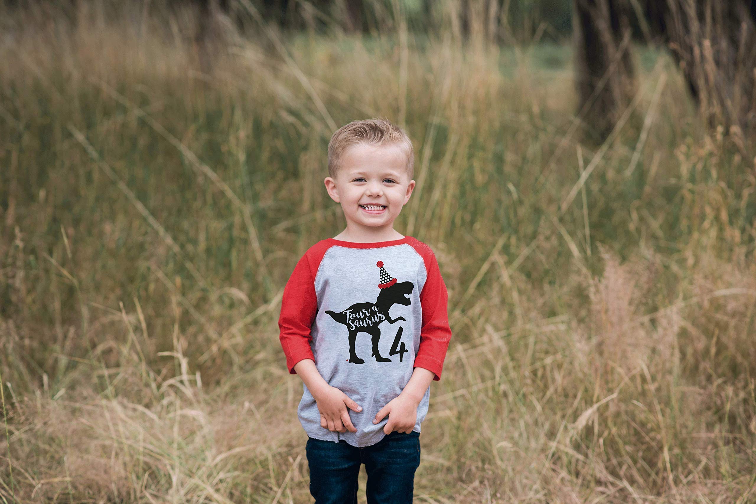 7 ate 9 Apparel Four 4 Fourth 4th Dino Birthday Dino Dinosaur Red Baseball Shirt T-Shirt 4T