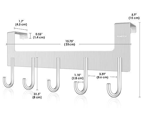 ACMETOP Over The Door Hooks, Aluminum Door Hanger Hook with 5 Coat Hooks for Hanging, Heavy Duty Over The Door Coat Rack for Towel, Bag, Robe, Back of Bathroom, Silver