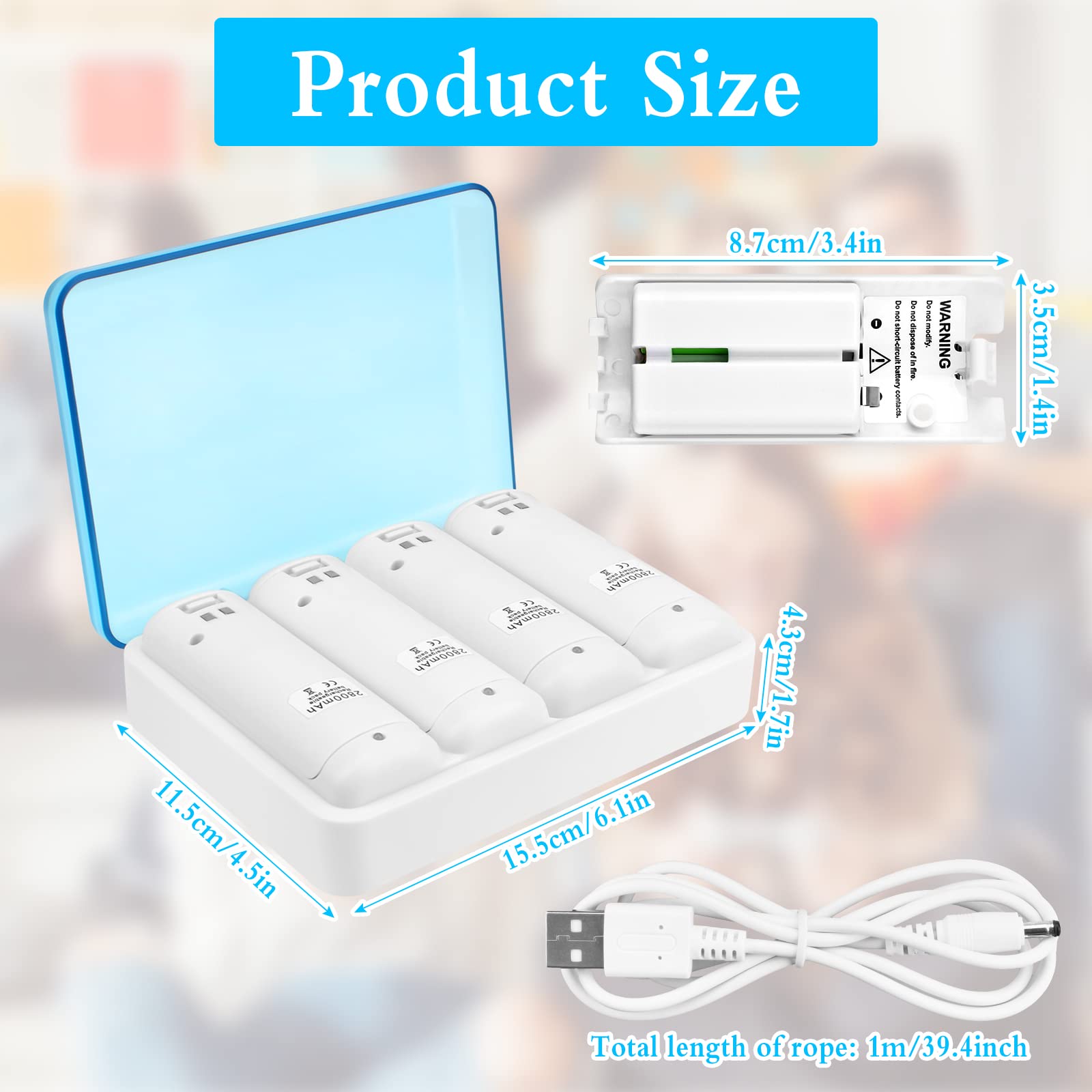 4-in-1 Charging Station for Wii & Wii U Remote Controller, 4 Pcs Rechargeable 2800 mAh Battery Packs with USB Cable Compatible for Wii/Wii U Remote Game Contoller (White)