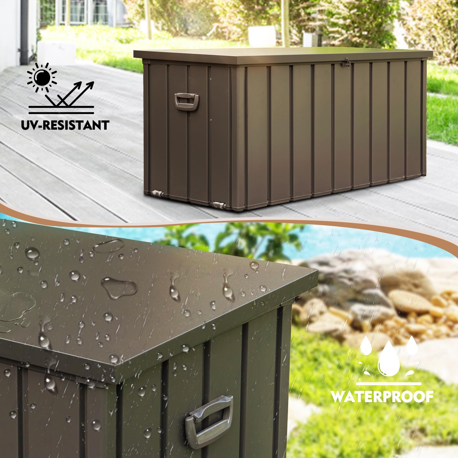 120 Gallon Deck Box, Large Steel Outdoor Storage Box Waterproof, Lockable Patio Storage Box with Side Handle & Mobility Rollers, Outdoor Deck Box Storage Cabinet for Outside Cushions, Garden Tools