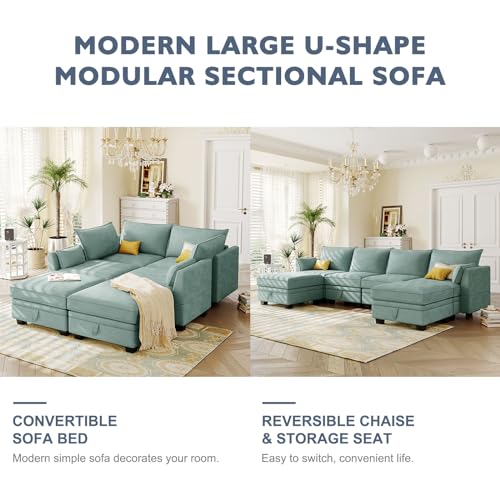 115" Oversized Modular Storage Sectional Sofa Couch Convertible Sleeper Sofabed with SeatStorage ,Linen Upholstered U-Shaped Symmetrical 6 Seaters Sofa & Couch for Home Office Apartment Living Room