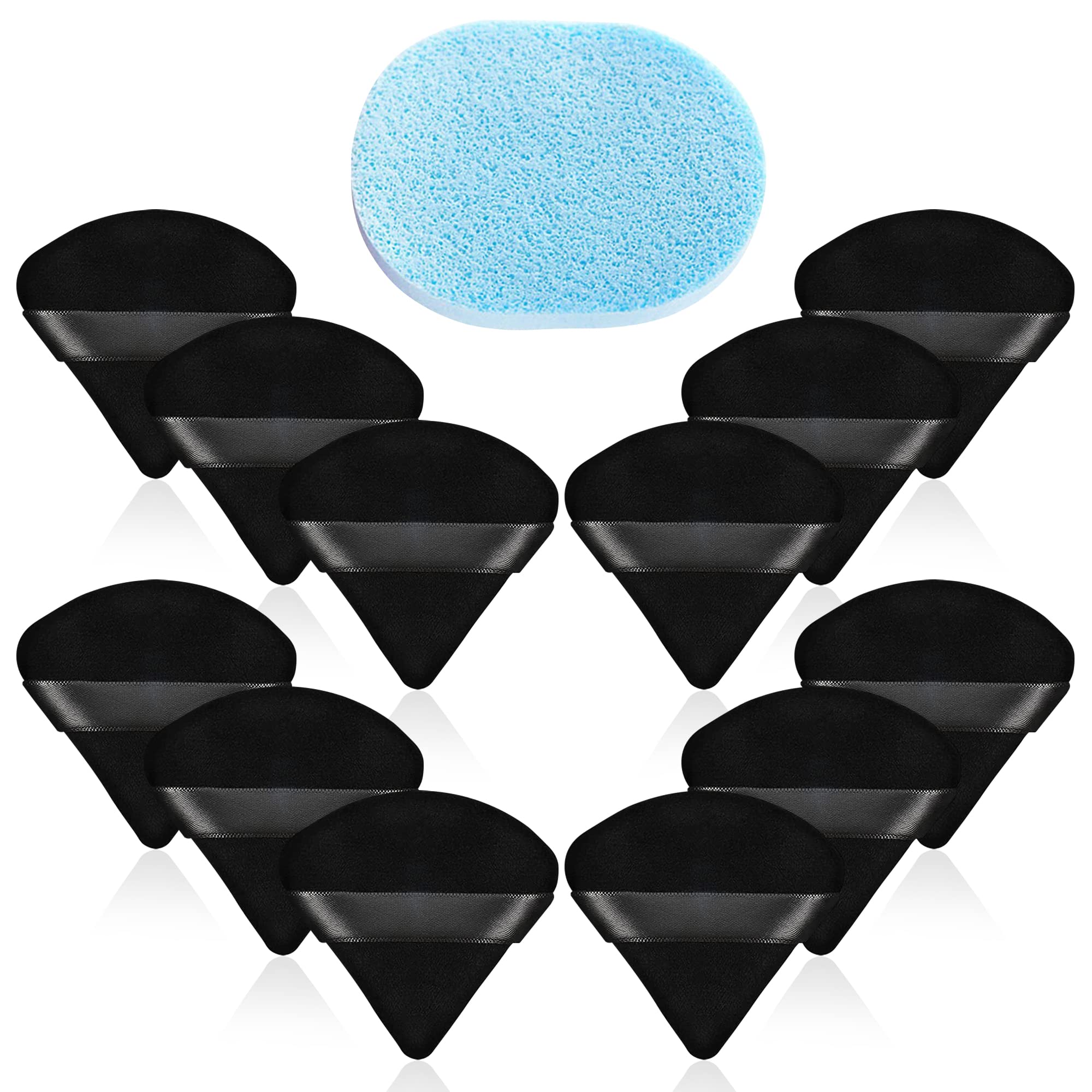 12 Pieces Black Triangle Powder Puff with Cleansing Puff for Face - Velour Soft Cosmetic Wet Dry Powder Puff for Loose Body Powder Setting Sponge Washable - Beauty Makeup Tools