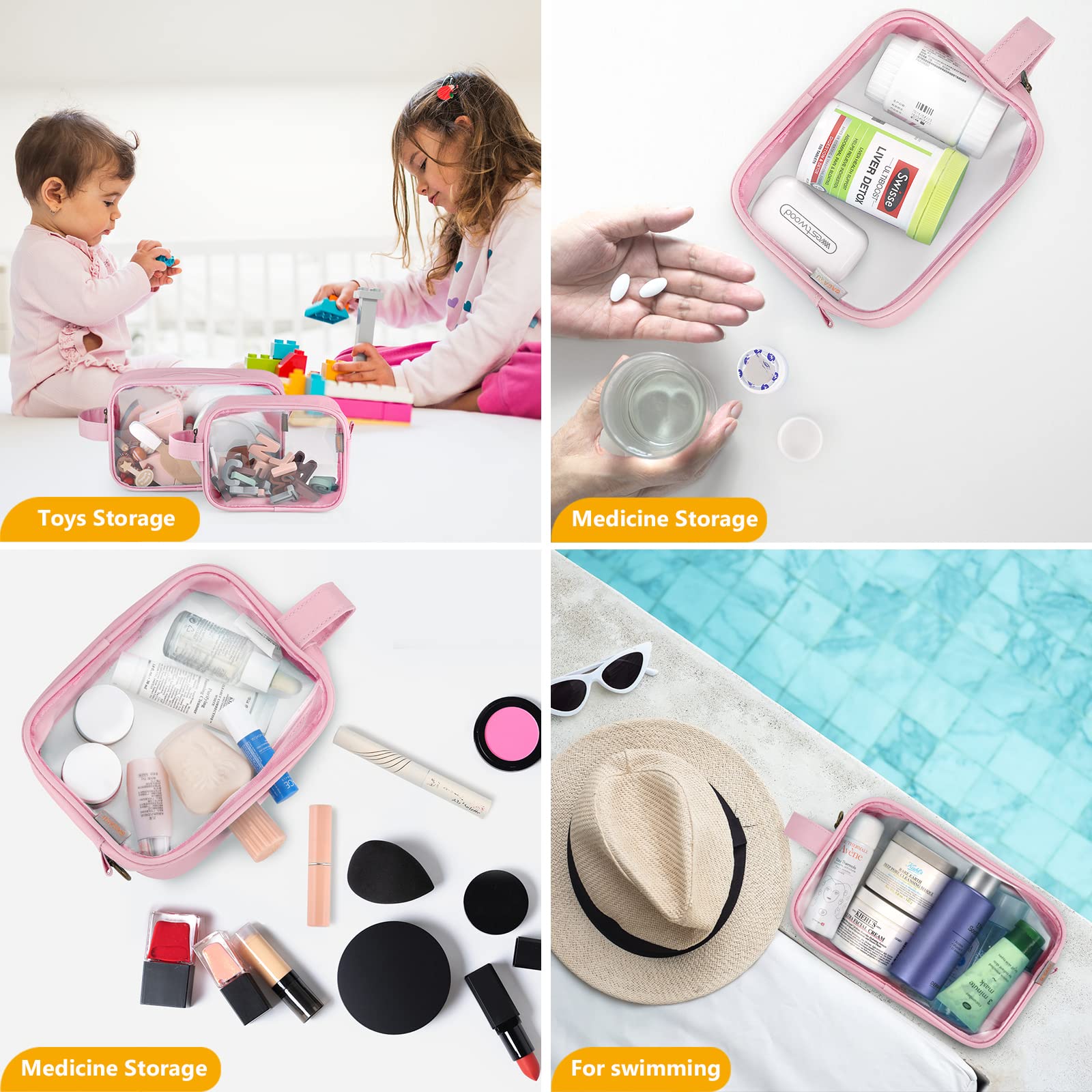GAGAKU 2pcs Clear Toiletry Bag TSA Approved Travel Toiletry Bags Liquid Bag with Handle Strap, Waterproof Transparent Makeup Cosmetic Bags for Women - Light Pink