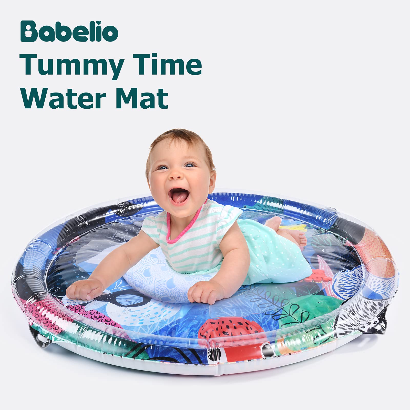 Babelio Baby Gym Mat & Tummy Time Water Mat 2 in 1, 3 Different Assembly Methods, 6 Activity Play Mat Toys, Sensory Development and Fun Experience for Infant, 33.5" x 33.5"