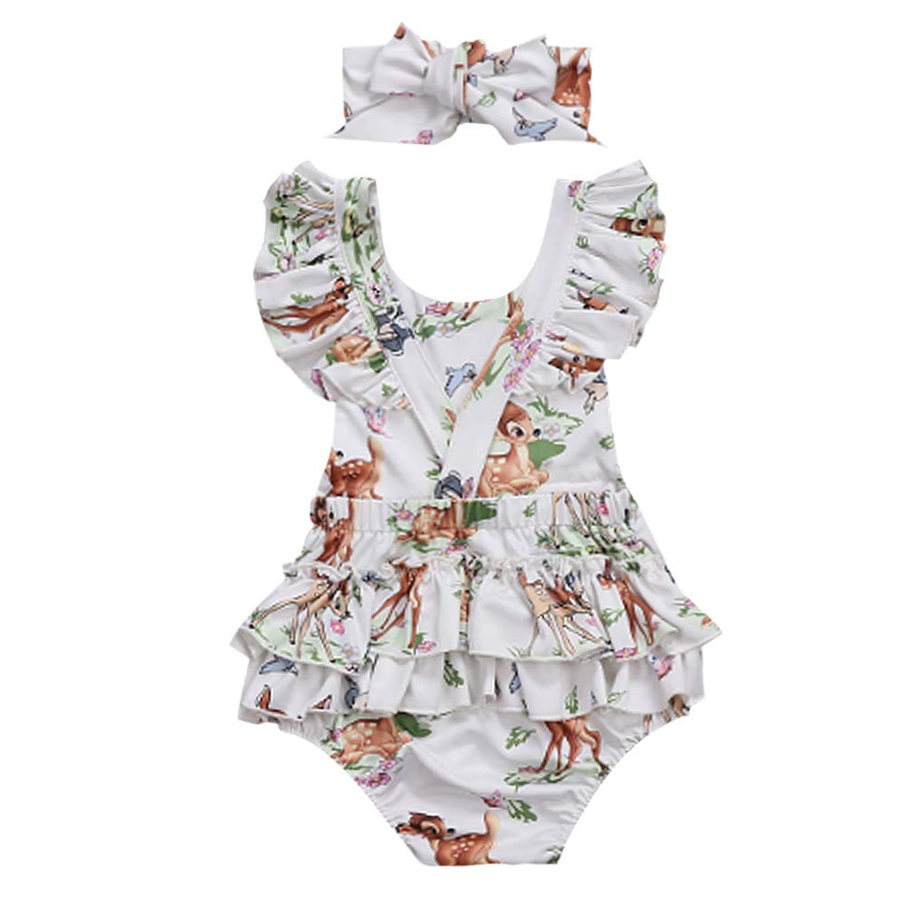 Newborn Toddler Infant Baby Girls Clothes Christmas Bambi Deer Romper+Headband Ruffle Flutter Sleeve Bodysuit Backless Sunsuit Birthday Playsuit 2pcs Outfit Set White 0-6 Months