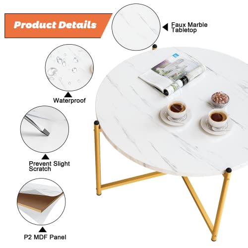 AWQM Faux Marble Coffee Table Set of 3, 1 Coffee Table & 2 Sofa Table, Round Tabletop and Metal Cross Base Frame,Perfect for Living Room Apartment, White & Gold