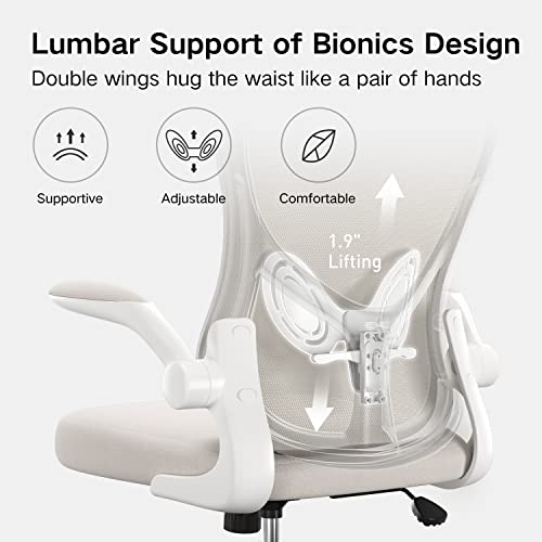 Hbada Ergonomic Office Chair with Up&Down Adjustable Lumbar Support and Flip Up Arm, Swivel Computer Desk Chair with Adjustable Height, Breathable Mesh Office Chair with PU Wheels, Gray