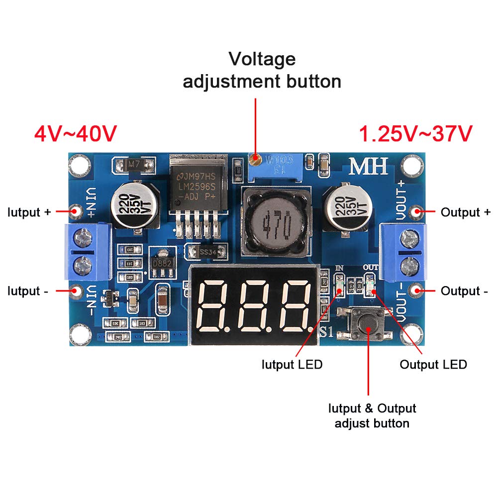 ALMOCN 2PCS LM2596S Buck Converter Step-Down Power Module DC to DC 4.0-40V to 1.25-37V Voltage Regulator with LED Voltmeter Digital Display