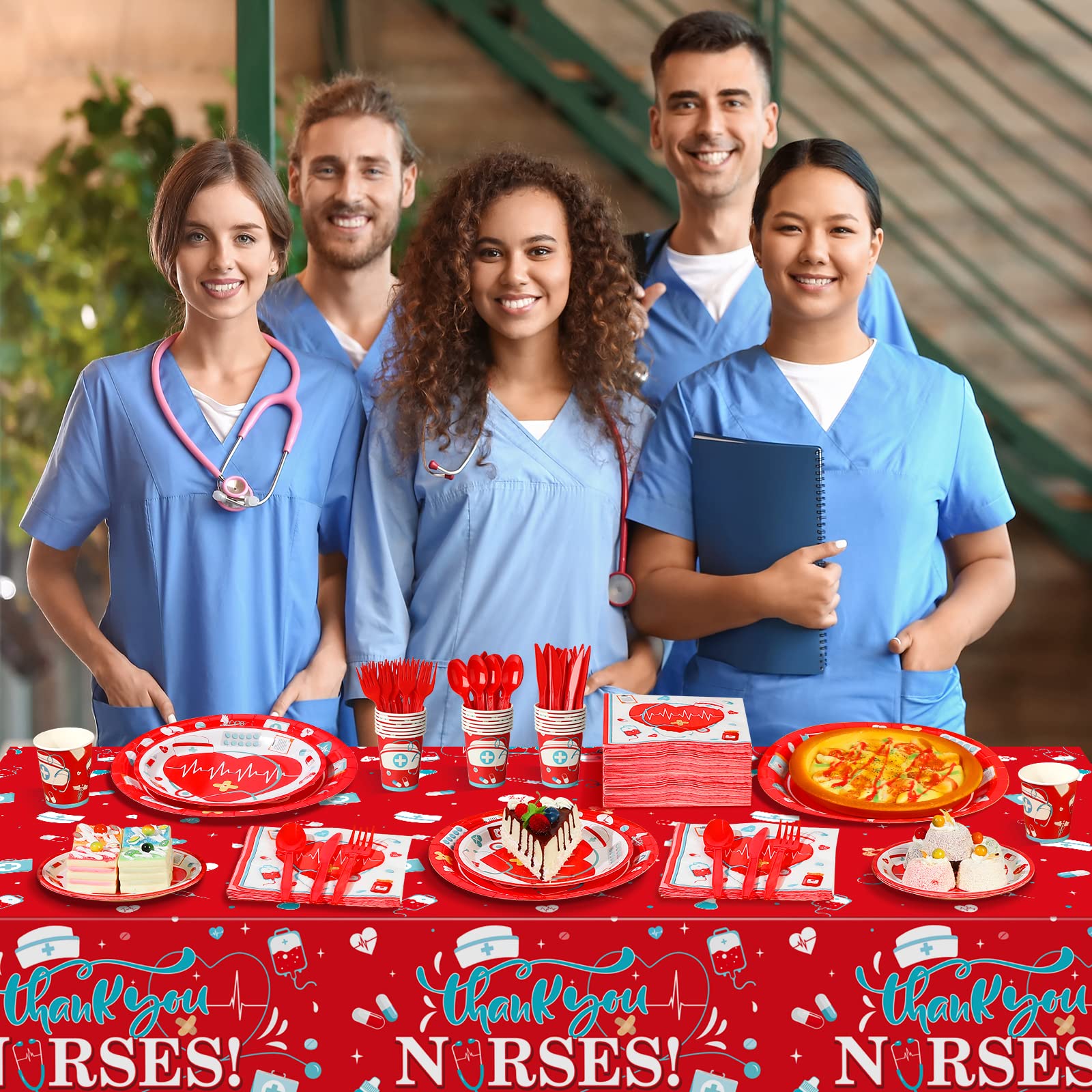 175pcs Nurse Graduation Nurses Week Plates Napkins Set,Thank You Nurse Disposable Party Supplies set, Include Plate, Napkin, Cup, Knife, Fork and Spoon for Nurse Party Decorations, Serve 25 Guest