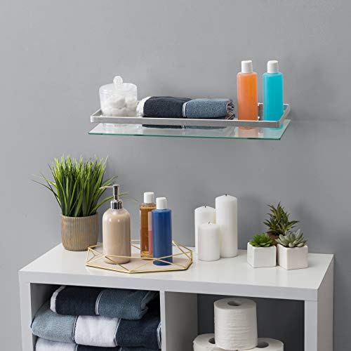 Danya B. Floating Wall Mount Tempered Glass Bathroom Shelf with Brushed Chrome Rail - Clear