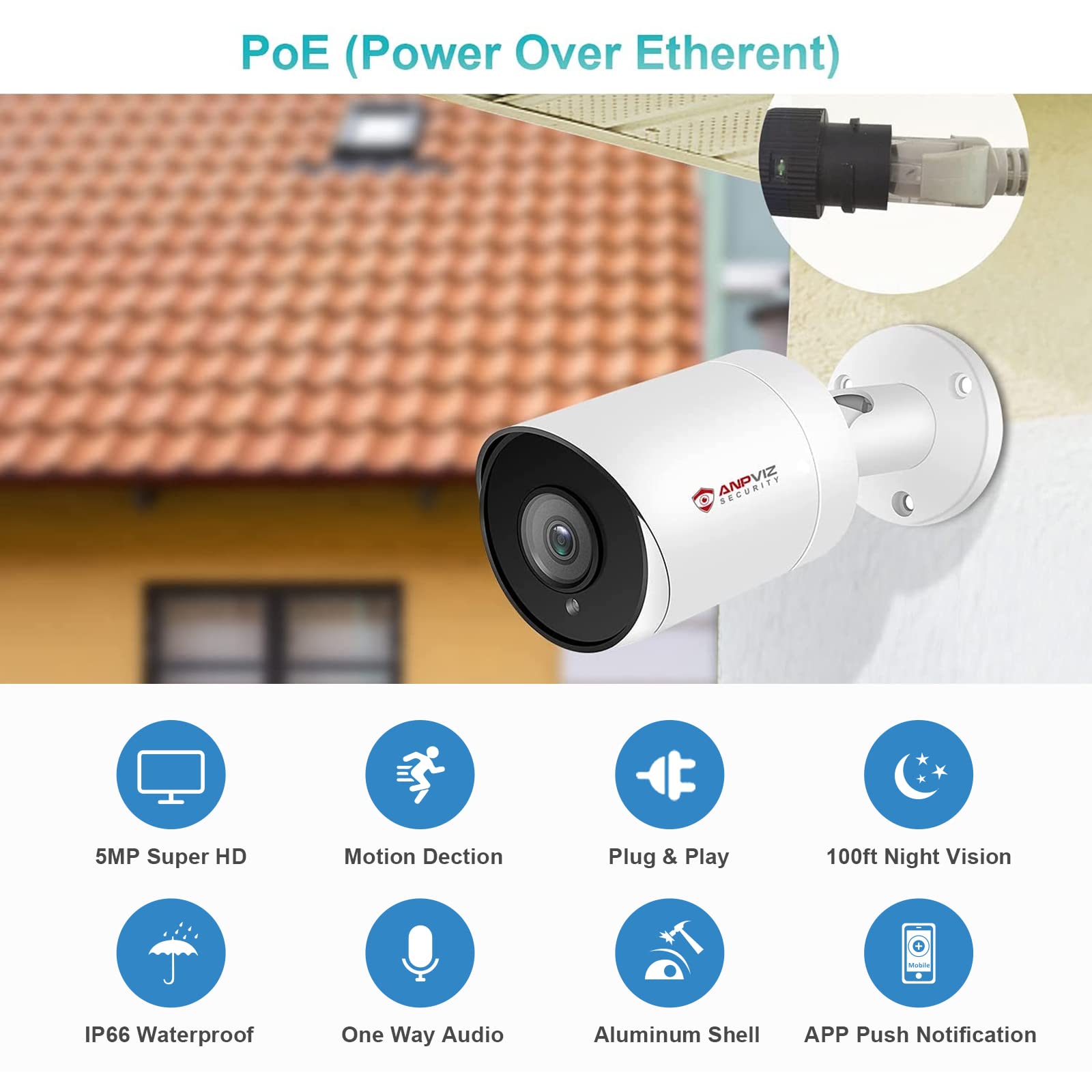 Anpviz 5MP Bullet POE IP Camera with Mic/Audio, 2.8mm Lens Security Camera for Outdoor Indoor, Human & Motion Detection, 98ft IR Night Vision, Up to 256GB MicroSD for 24/7 Recording (U Series)