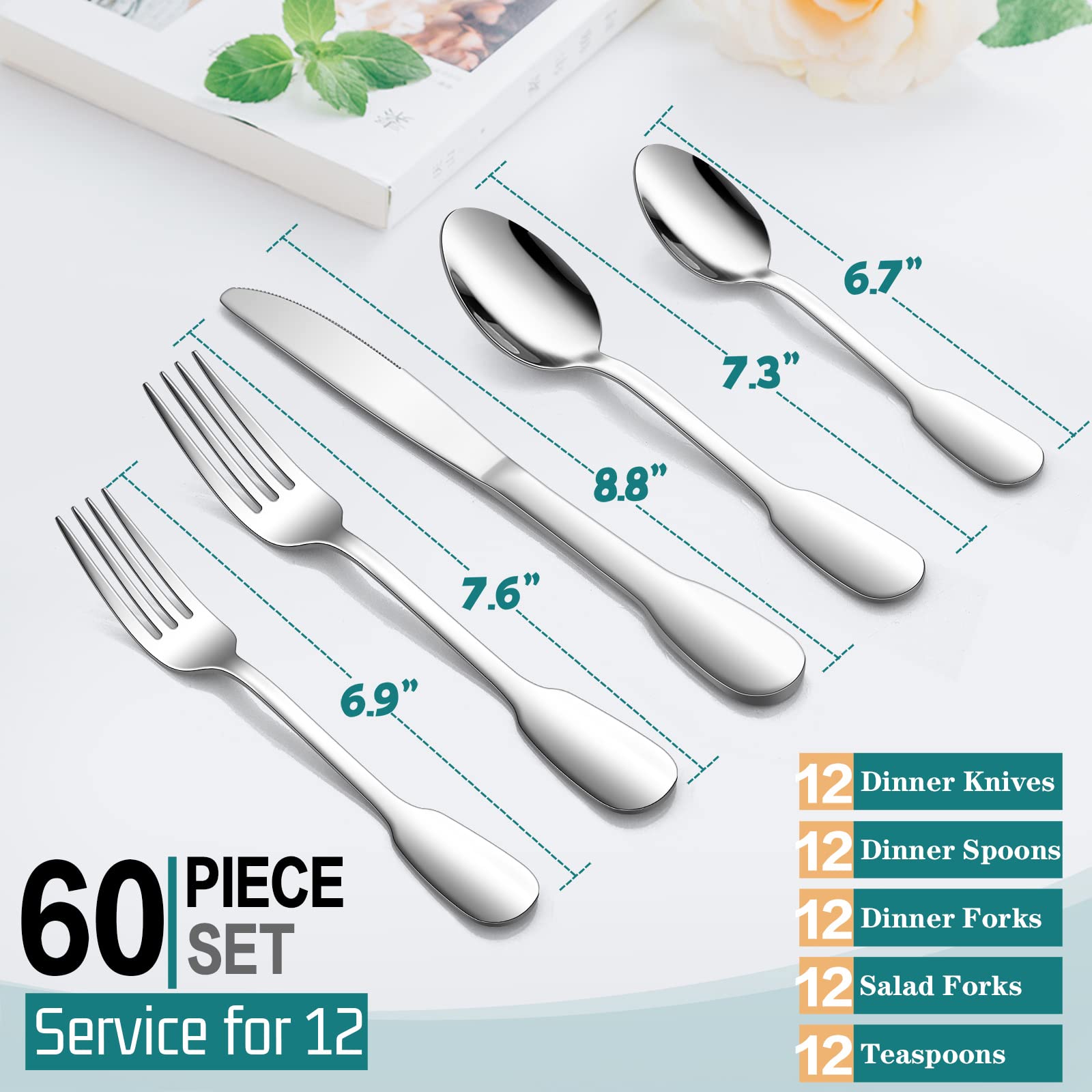 18/10 Silverware Set, E-far 60-Piece Stainless Steel Flatware Cutlery Set Service for 12, Metal Tableware Eating Utensil Sets for Home/Restaurant/Wedding, Elegant & Classic Style - Dishwasher Safe
