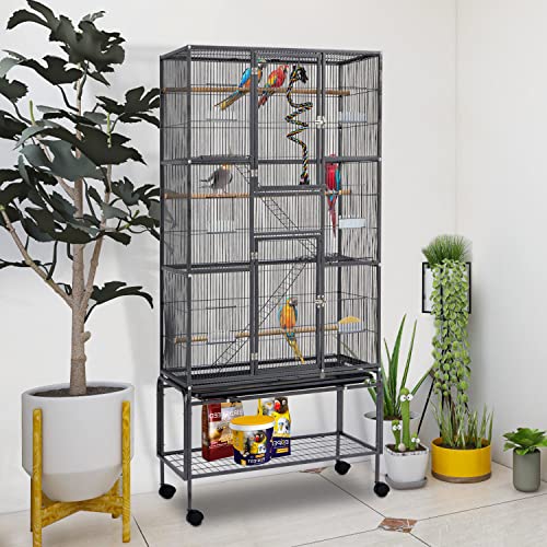 70ββ Big Bird Cage Wrought Iron Large Bird Cage with Rolling Stand for Parrots Conures Lovebird Cockatiel Parakeets, Black