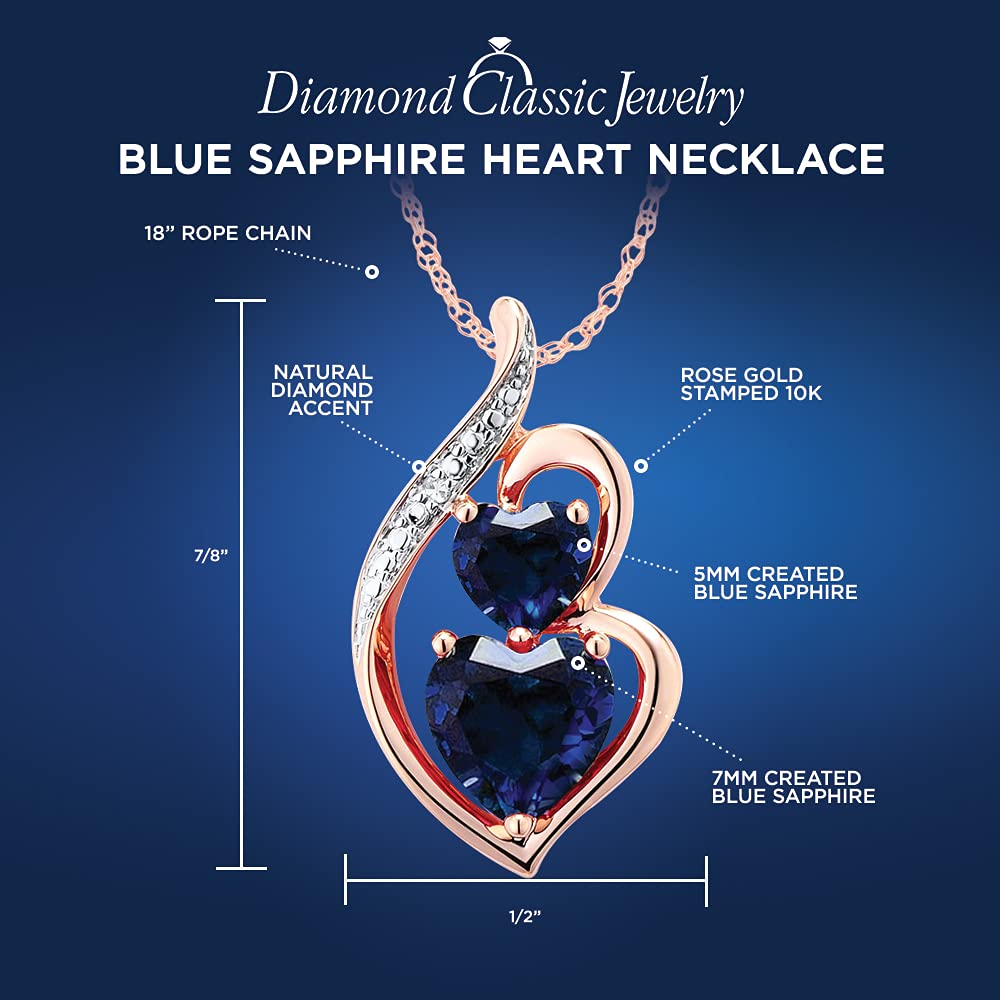 10kt Rose Gold Lab Created Blue Sapphire Heart Necklace Diamond Accent - 18 Inch Chain