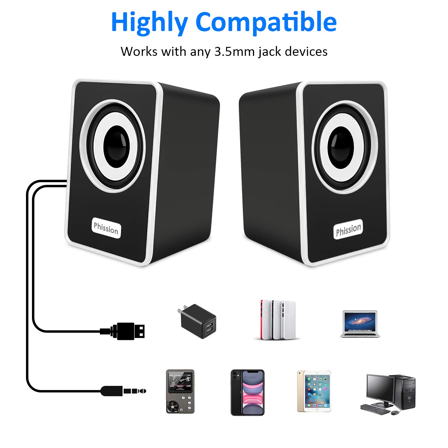 Computer Speakers, Phission Mini Speaker with Stereo Sound 6W USB Powered 3.5 mm AUX-in Portable Speaker for Computer, Laptop, Notebook, Desktop (Black)