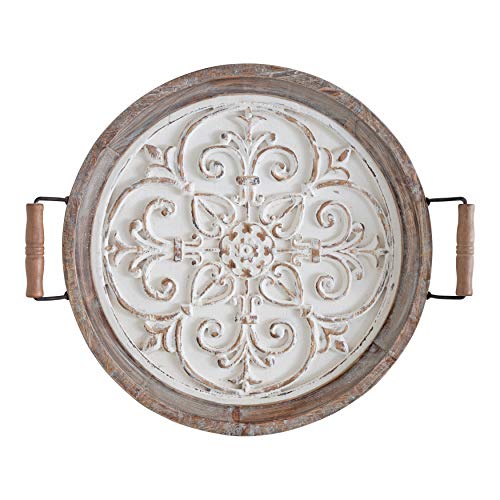 Kate and Laurel Hillrose Round Wooden Tray, 18 inch Diameter, Rustic Brown and White, Decorative Tray for Serving, Display, and Storage